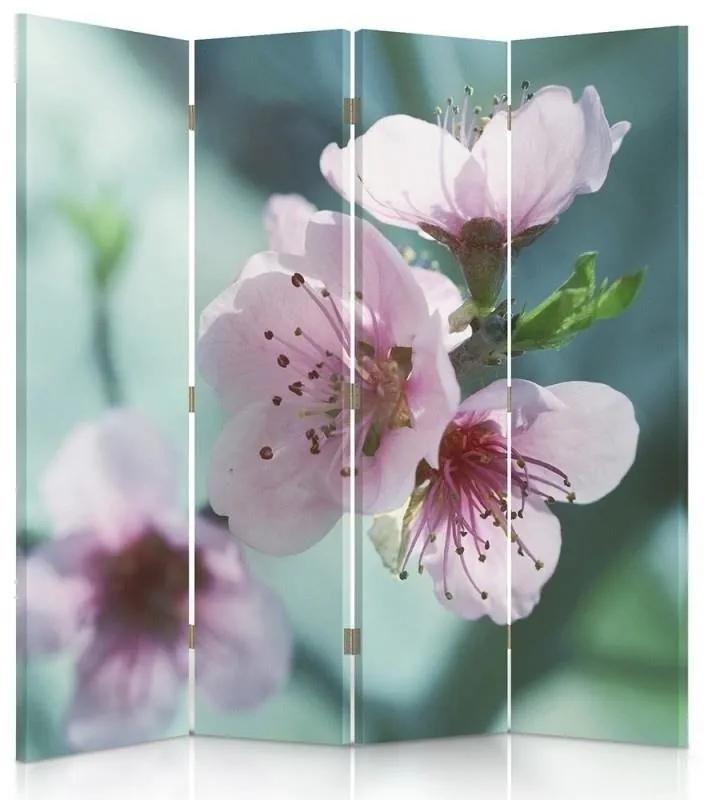 Ozdobný paraván Růžový květ jabloně - 145x170 cm, čtyřdílný, obustranný paraván 360°