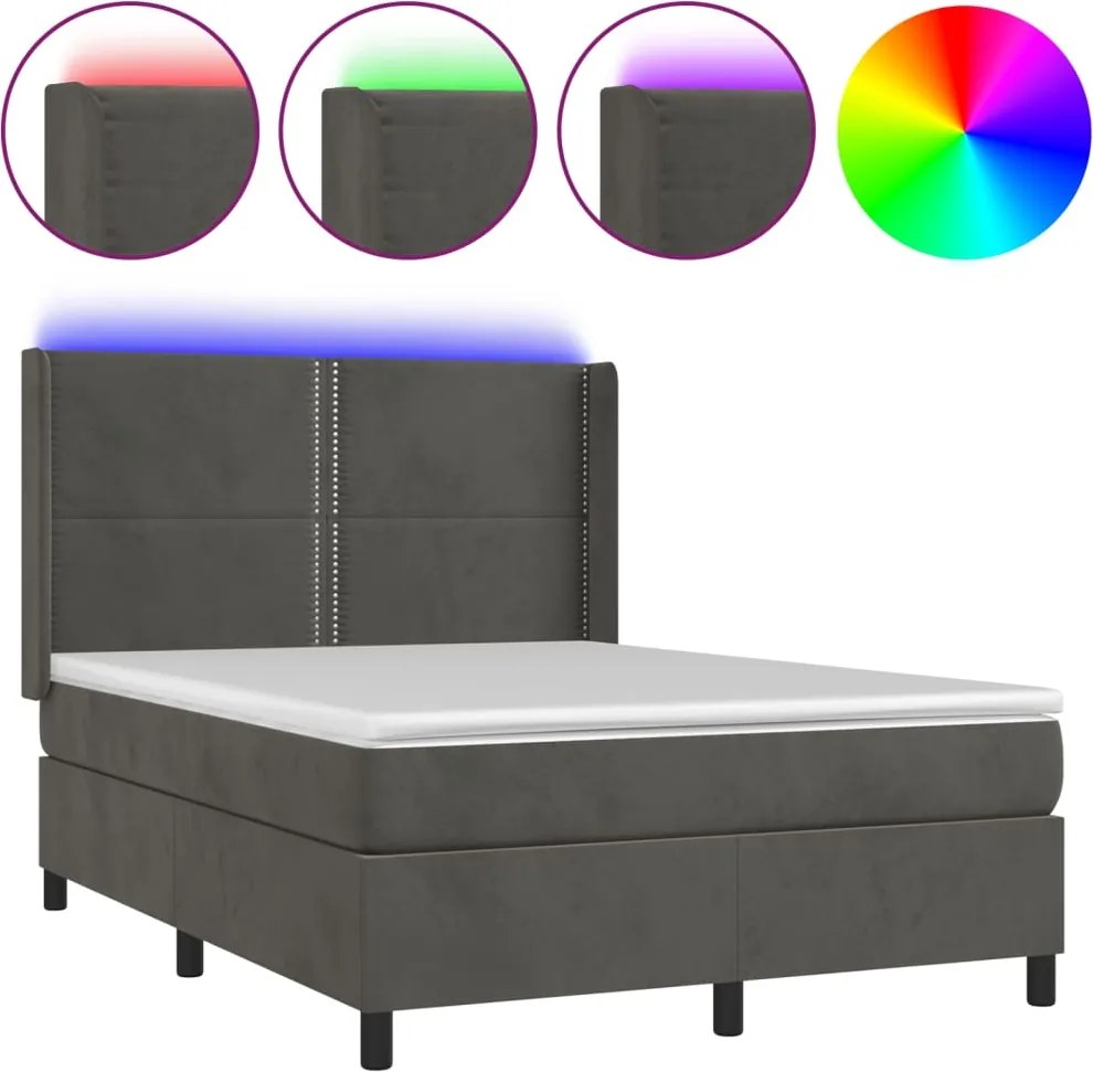 Box spring postel s matrací a LED tmavě šedá 140x200 cm samet 3139506