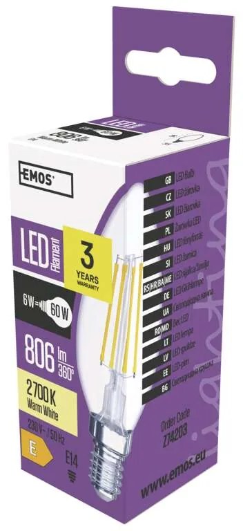 Emos lighting LED žárovka Filament Candle 6W E14 teplá bílá