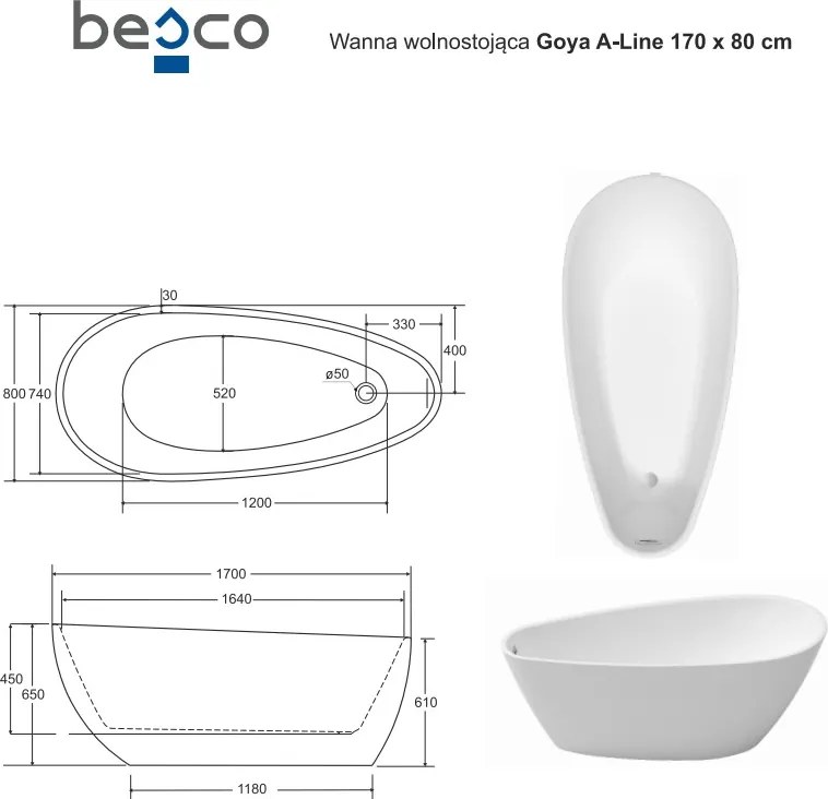Besco Goya A-Line vana volně stojící 170 x 80 cm sifon zlatý akrylát barva bílá VANGOYAA170Z