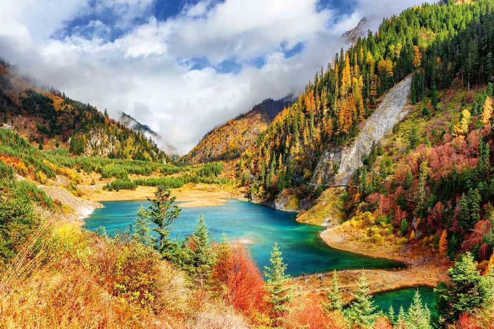 DIMEX | Samolepicí vliesová fototapeta na zeď Podzimní krajina s jezerem MA-5-3072 | 375 x 250 cm | zelená, bílá, žlutá