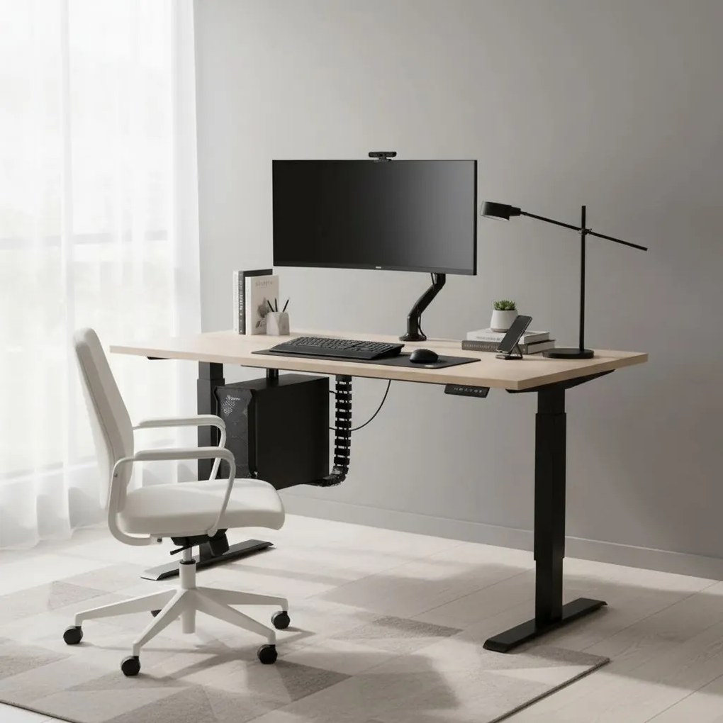 Výškově nastavitelný stůl OfficeTech D, 140 x 80 cm, černá podnož, dub