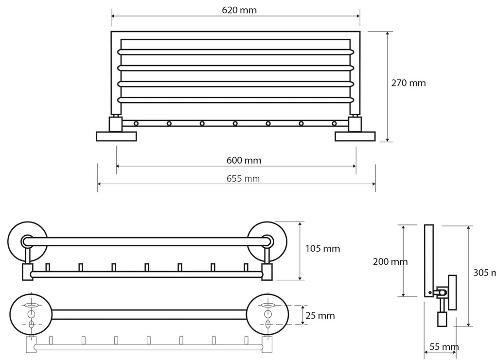 Sapho, X-ROUND polička na ručníky výklopná s háčky 650mm, chrom, XR422