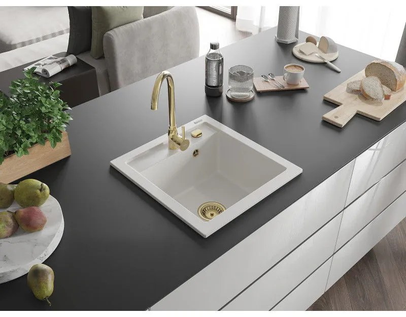 Mexen Vito, granitový dřez 520x490x210 mm, 1-komorový, bílá se zlatým sifonem, 6503521000-20-G