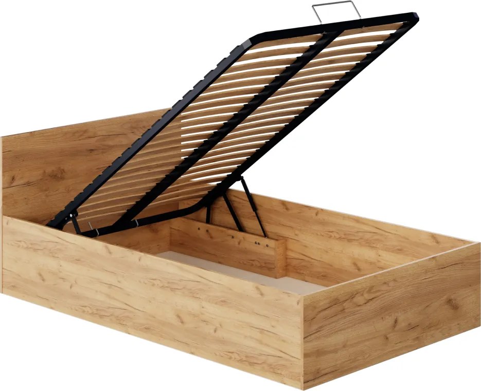 Postel s kovovým roštem a úložným prostorem, 120x200, dub craft zlatý, DOLI