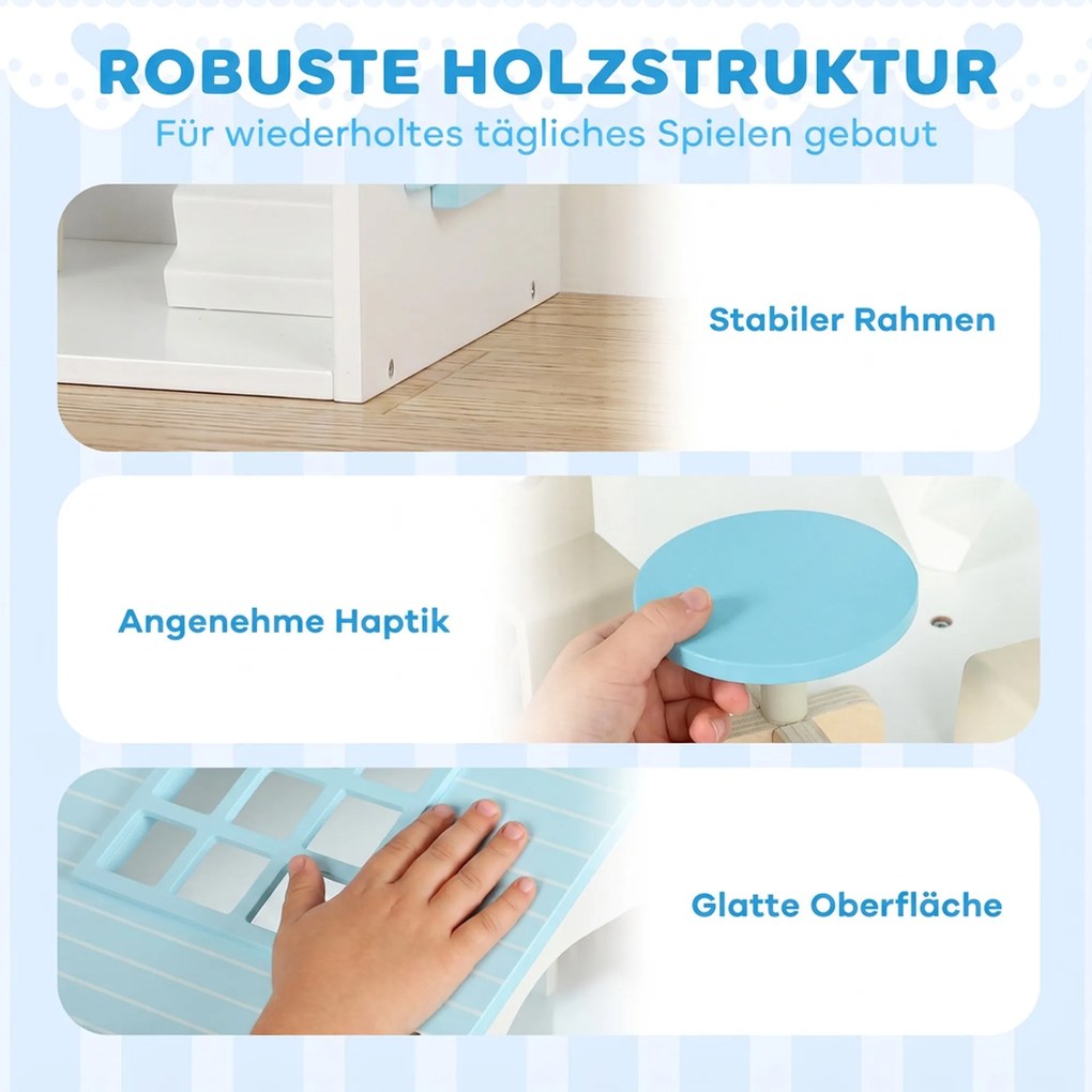 AIYAPLAY Domeček pro panenky 79,5 cm vysoký, 3patrový s výtahem, 13 kusy nábytku, balkón, velký dárek pro dívky od 3 do 6 let, modrý