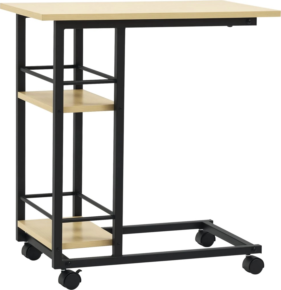 HOMCOM Postranní stolek na kolečkách ve tvaru C pro pohovku s 2 policemi a brzdami do ložnice a obývacího pokoje Moderní styl 60x34,5x64,5 cm Přírodní
