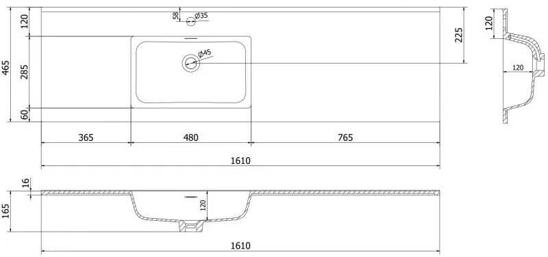 Mexen Otis umyvadlo zapuštěné do desky, levé, 161 × 46,5 cm, bílá matná, 25181601L
