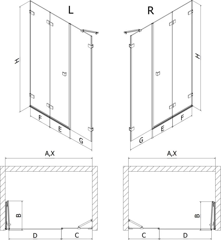 Mexen Lunar-F, skládací levé sprchové dveře 150 cm, 8mm čiré sklo, bílý profil, 836S-150-050-20-00-L