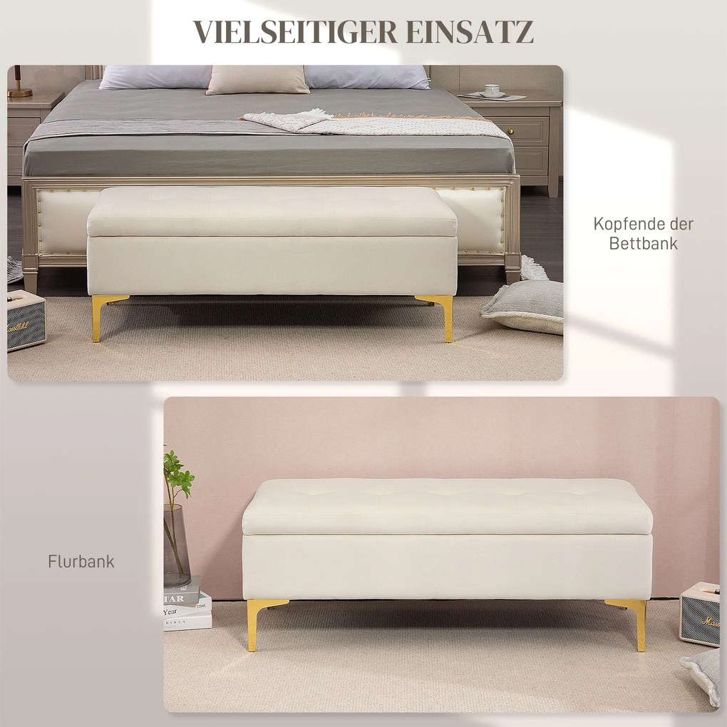 HOMCOM Lavice s úložným prostorem čalouněná lavice sametový vzhled kovové nohy lavice do obývacího pokoje ložnice předsíně 120 x 44,5 cm béžová
