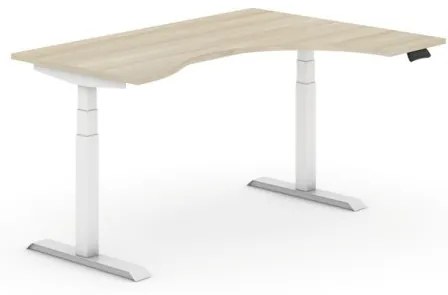 Výškově nastavitelný stůl, elektrický, 625-1275 mm, ergonomický pravý, deska 1600x1200 mm, dub, bílá podnož