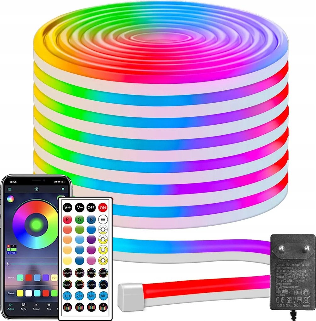 10 m Rgb Led pásek Neon Flex 5050 Aplikace Bluetooth Dálkový Ovladač Napájecí adaptér 24 V