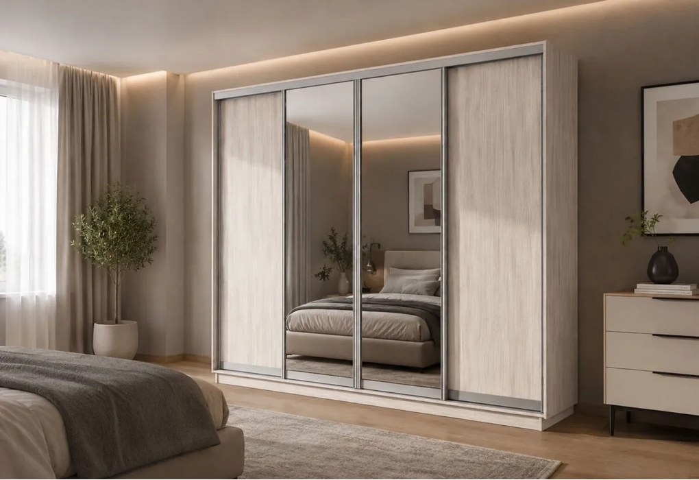Šatní skříň s posuvnými dveřmi 4D 2800x2300x450 2LTD 2 zrcadla artwood světlý, profil stříbrný