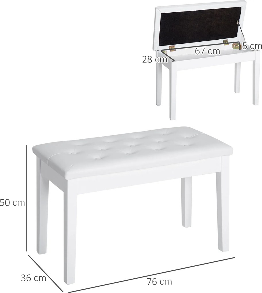HOMCOM klavírní stolička ve venkovském stylu Klavírní lavice s úložným prostorem z kaučukového dřeva a imitace kůže, bílá, 76 x 36 x 50 cm pro milovn…