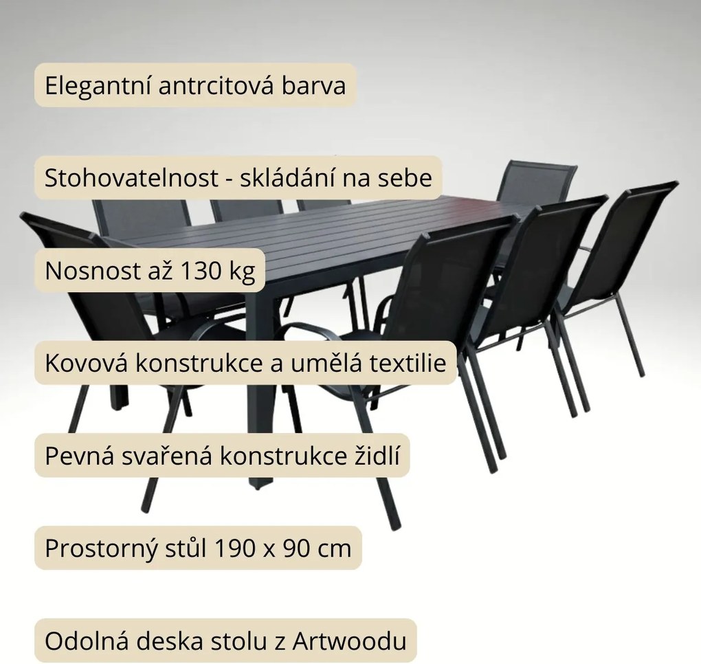 Vikio Venkovní zahradní set 190x90 pro 8 osob DK305-190 antracit
