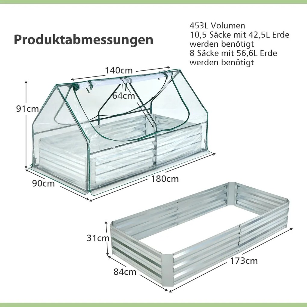 Costway Velká pozinkovaná vyvýšená postel se skleníkem – 180 × 90 × 91 cm