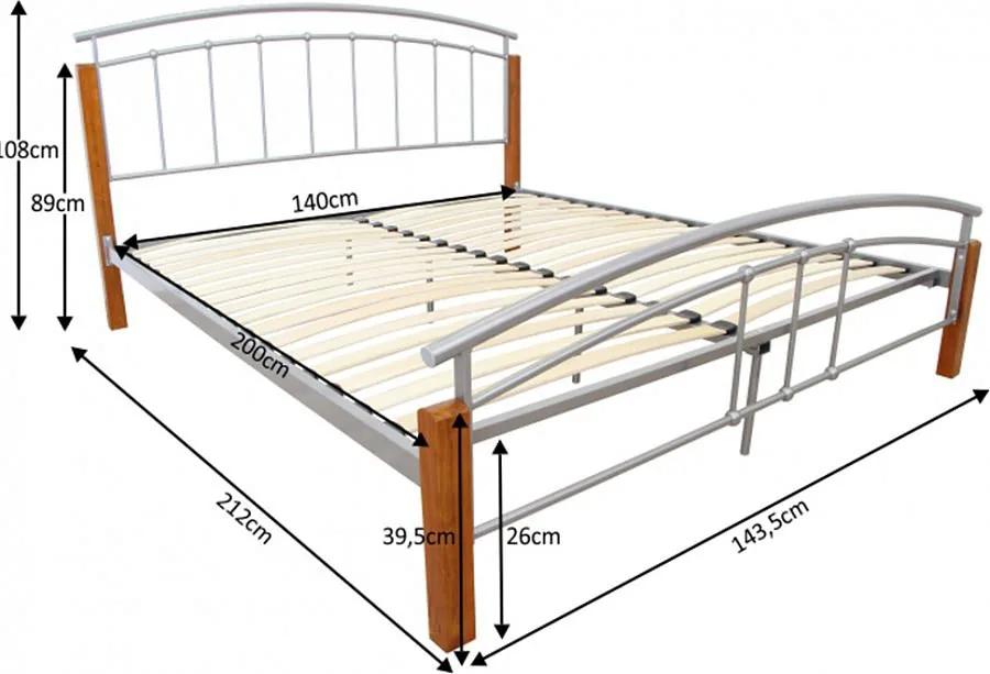 Tempo Kondela Kovová postel MIRELA 140x200, olše/stříbrný kov