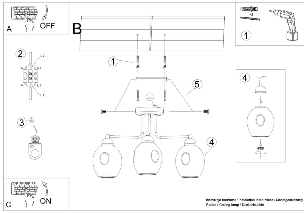 Stropní svítidlo Fillan, 3x grafitové skleněné stínítko