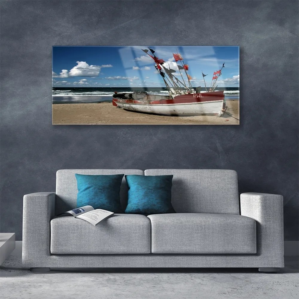 akrylový obraz Moře Pláž Loďka Krajina 125x50 cm
