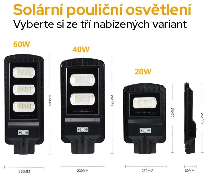 Bezdoteku LEDSolar veřejné osvětlení pouliční lampa 20W, se senzorem, bezdrátové, iPRO, studená barva
