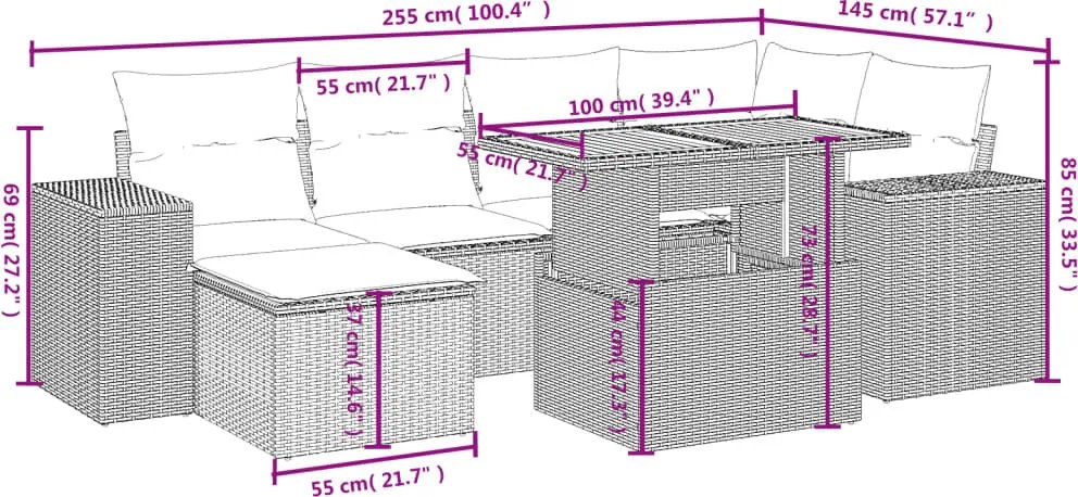 7dílná zahradní sedací souprava s poduškami černá polyratan 3272736