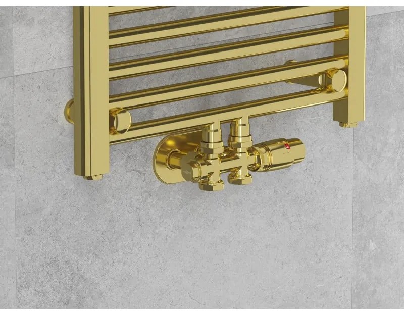 Mexen G00, termostatická souprava Duplex s kulatou krytkou, úhlové/rovné připojení DN50, zlatá lesklá, W908-900-905-50