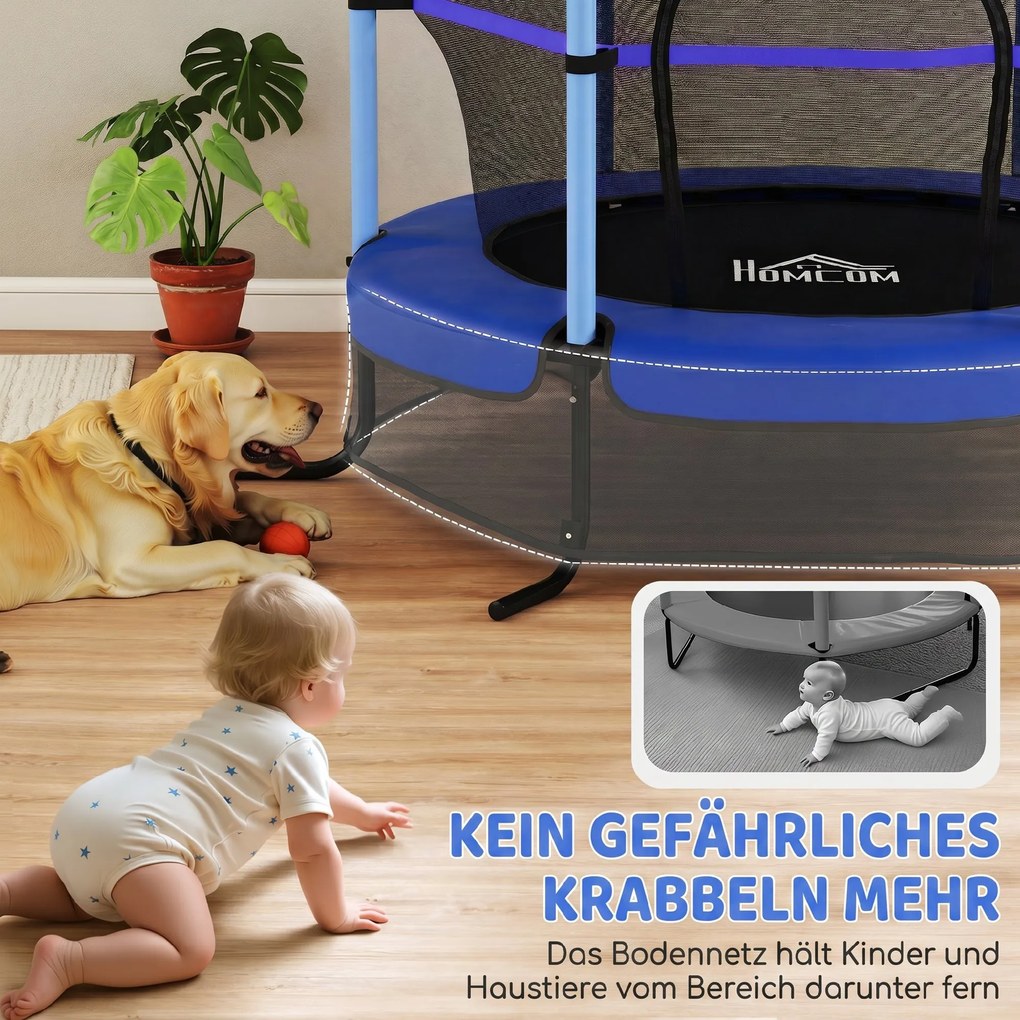 HOMCOM dětská trampolína Ø163 cm, trampolína s ochrannou sítí, kryt okrajů, zahradní trampolína pro děti 3-10 let, max. nosnost 50 kg, modrá
