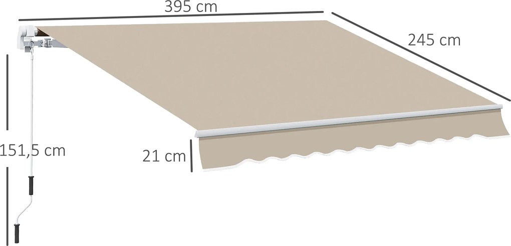Manuální zatahovací kazetová markýza Outsunny 3,95 m s kličkou pro balkón - sluneční clona, stěnová montáž, hliník, Bílá + Béžová 395 x 245 cm