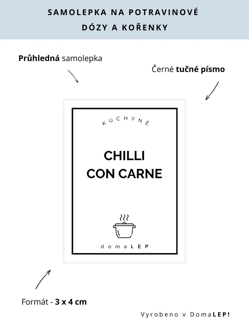 Samolepka na kořenky CHILLI CON CARNE průhledná 3 × 4 cm tučné písmo