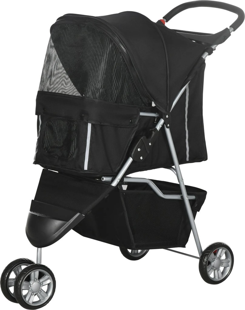 Skládací kočárek PawHut pro psy - kočárek pro malé psy s úložným košíkem, síťovými okny a 2 univerzálními koly, nosnost 15 kg, rozměry 75x45x97 cm, č…