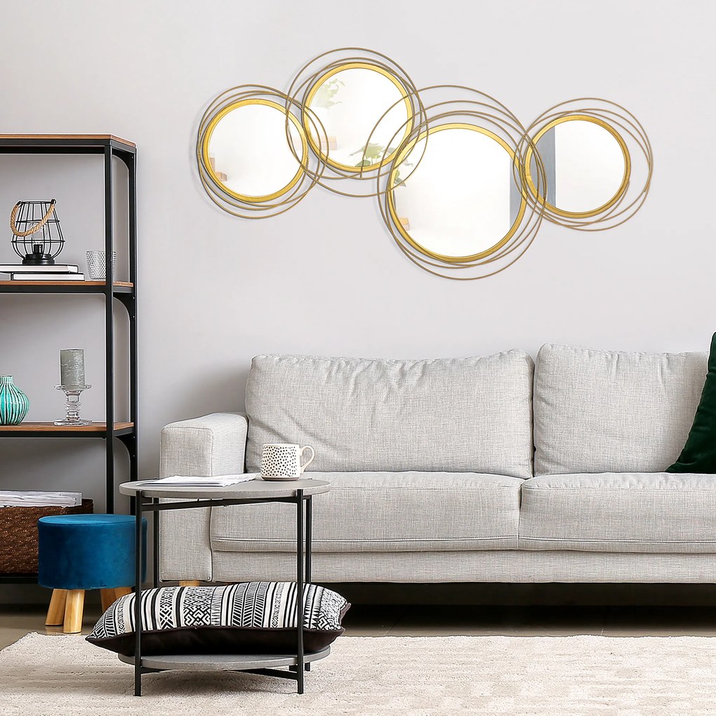 Zrcadlová sada HOMCOM se 4 kulatými zrcadly pro dekoraci obývacího pokoje, elegantní kovová dekorace na zeď