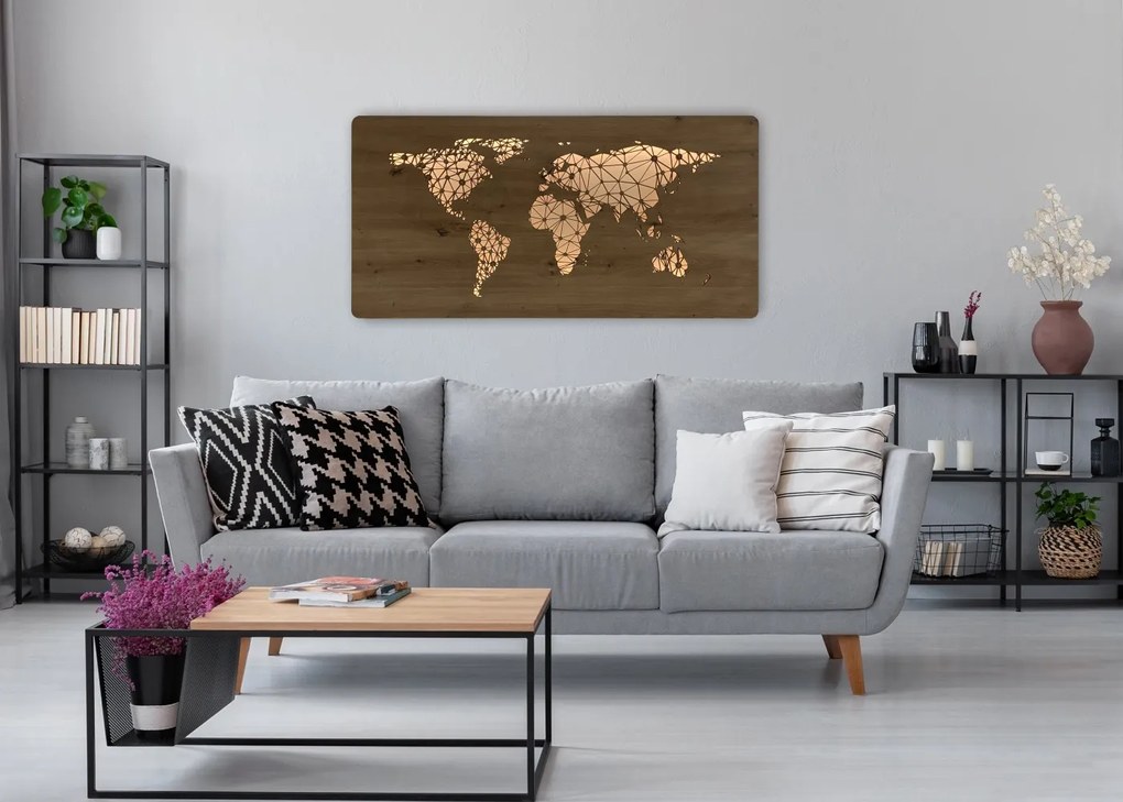 Li-Go "Mapa světa" světelný obraz s baterií 120x60cm varianta ovládání: manuál/pohybové čidlo, provedení povrchu: ořech