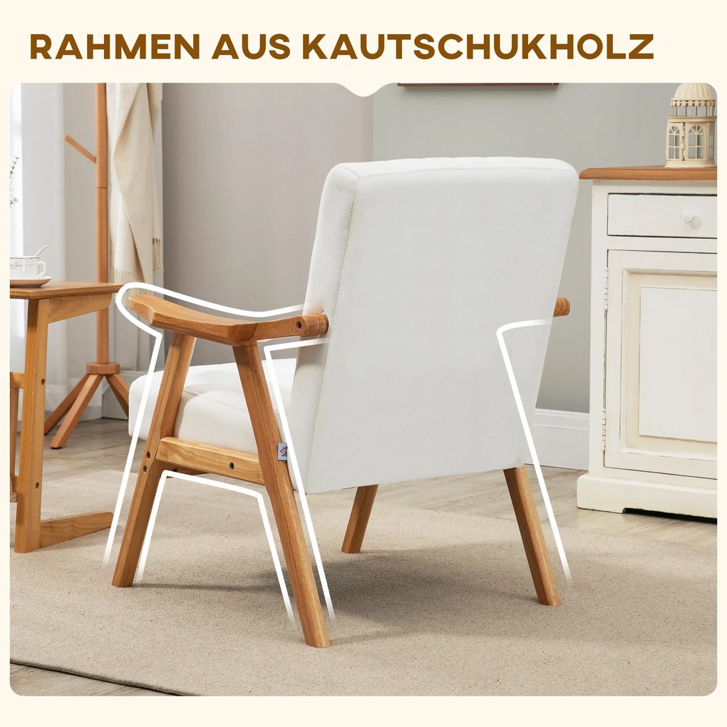HOMCOM čalouněné křeslo lounge chair v sametovém vzhledu s područkami, design Scandi, krémová, 68x74x82cm