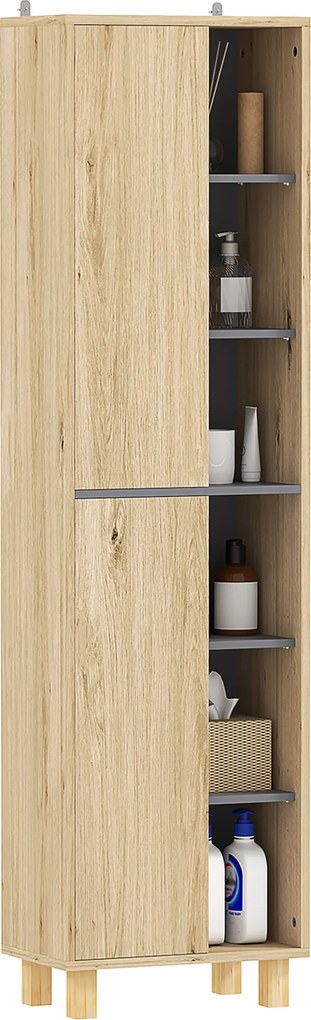 HOMCOM Koupelnová sloupková skříň, Koupelnová skříň s 6 otevřenými přihrádky a 2 skříněmi, rozměry 40Š x 24H x 148V cm, přirodní dřevo