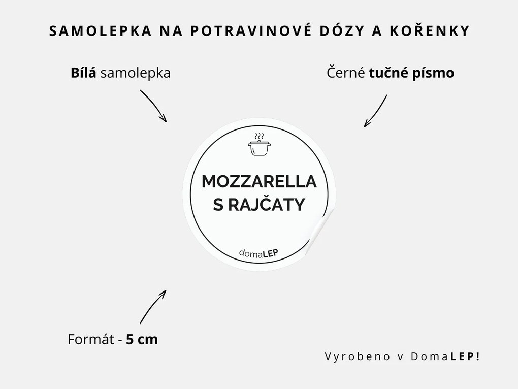 MOZZARELLA S RAJČATY - omyvatelná samolepka na kořenky, výběr rozměrů Ø 5 cm / 5 x 5 cm / 6 x 8 cm | DomaLEP tvar: ČTVEREC, barva: BÍLÁ - ČERNÉ písmo, velikost: š. 5 cm x v. 5 cm - základní písmo