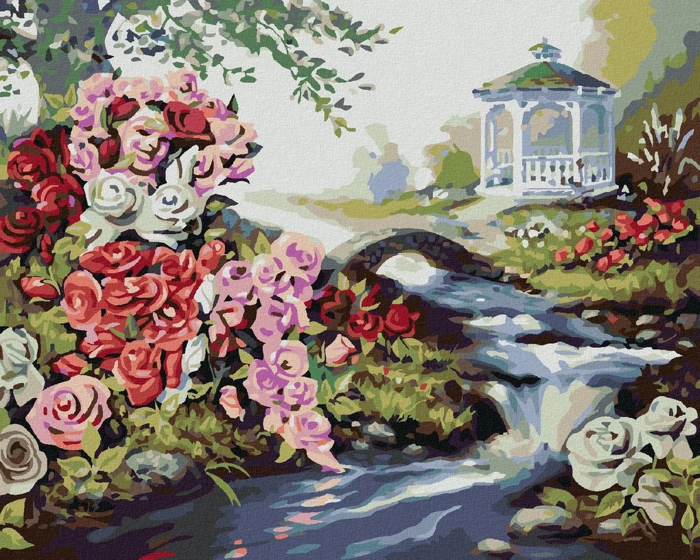 zuty zuty - malování podle čísel - růže u potůčku a altánku (d. rusty rust), 40x50 cm, plátno