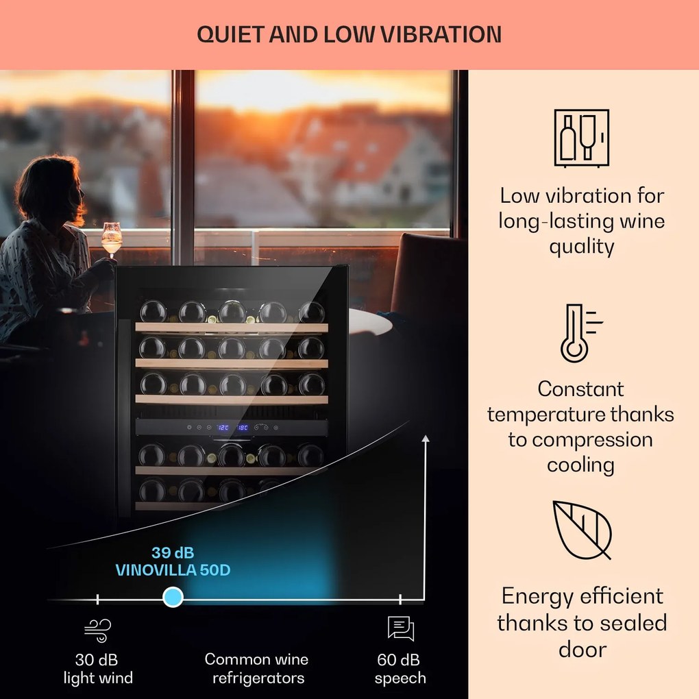 Klarstein Vinovilla 50 Duo, vinotéka, 53 l/17 lahví, 2 zóny, 3barevné skleněné dveře
