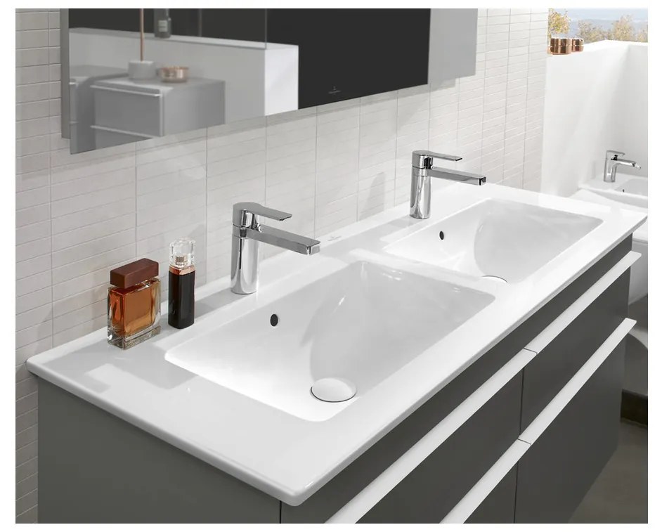 Villeroy & Boch Villeroy Boch VENTICELLO: dvojumyvadlo na skříňku 1300x500mm pro dvě 1-otvorové baterie, bílá Alpin, 4111DL01