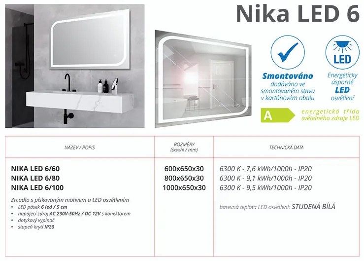 A-Interiéry Zrcadlo závěsné s pískovaným motivem a LED osvětlením Nika LED 6/100 - nika led 6-100