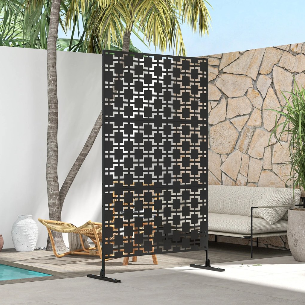 Dekorativní zahradní panel Outsunny - venkovní příčka s geometrickým kovovým designem - 122 x 45 x 198 cm, černý