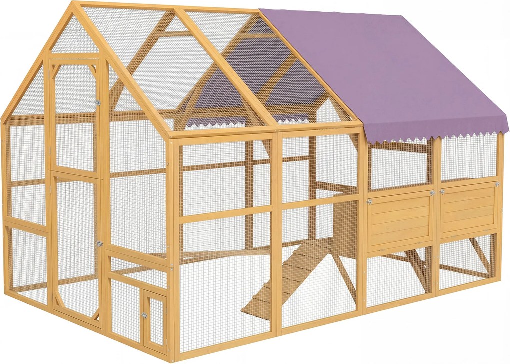 PawHut dřevěný výběh pro slepice, cca 5,2 m² (280 × 185,5 × 188 cm) venkovní výběh s krytou částí, zamykací dveře, rampa, 4 hnízdní boxy — žlutý (pro