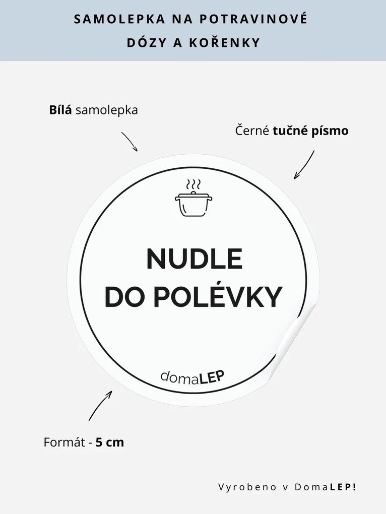 NUDLE DO POLÉVKY  – bílá samolepka na dózu, tučné písmo, 5 cm | DomaLEP