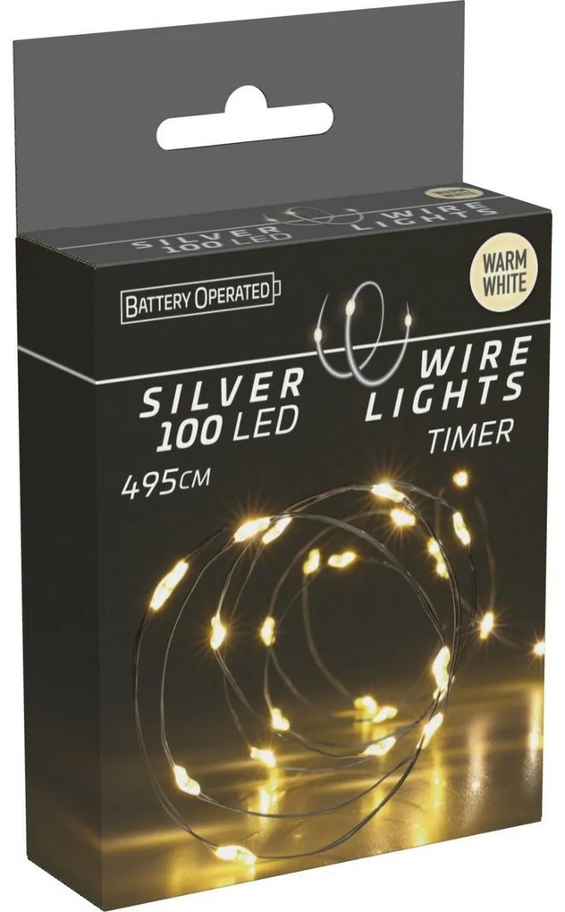 Světelný drát s časovačem Silver lights 100 LED, teplá bílá, 495 cm