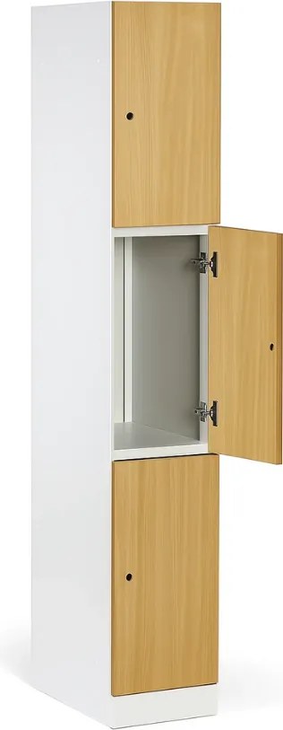 Šatní skříňka S1 s úložnými boxy, 3 boxy, 1850 x 300 x 500 mm, cylindrický zámek, laminované dveře, dub přírodní