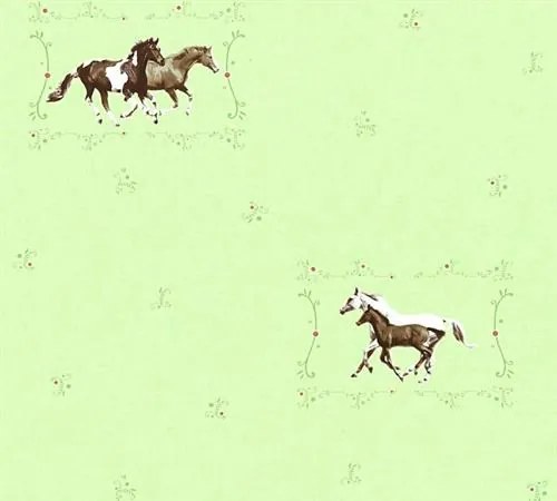 Dětské vliesové tapety na zeď Little Stars koně na zeleném podkladu