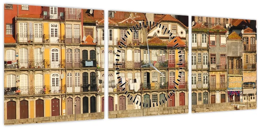 Obraz - Nábřežní čtvrť, Portugalsko (s hodinami) (90x30 cm)