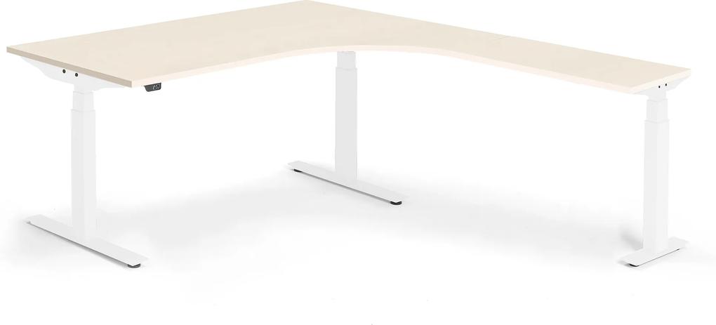AJ Produkty Výškově stavitelný stůl Modulus, rohový, 1600x2000 mm, bílý rám, bříza