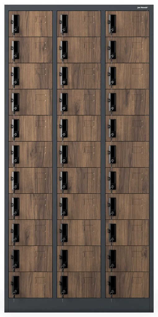 Depozitní skříňka s 33 uzamykatelnými boxy, bílá antracit/ořech, 900x1850x450 mm: OLIVER Eco Design