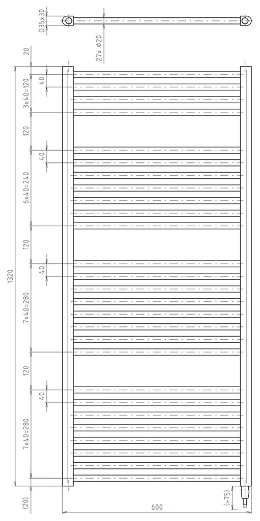 Aqualine Aqualine, DIRECT-E elektrické topné těleso, rovné, 600x1320 mm, 600 W, černá, ILE36TB