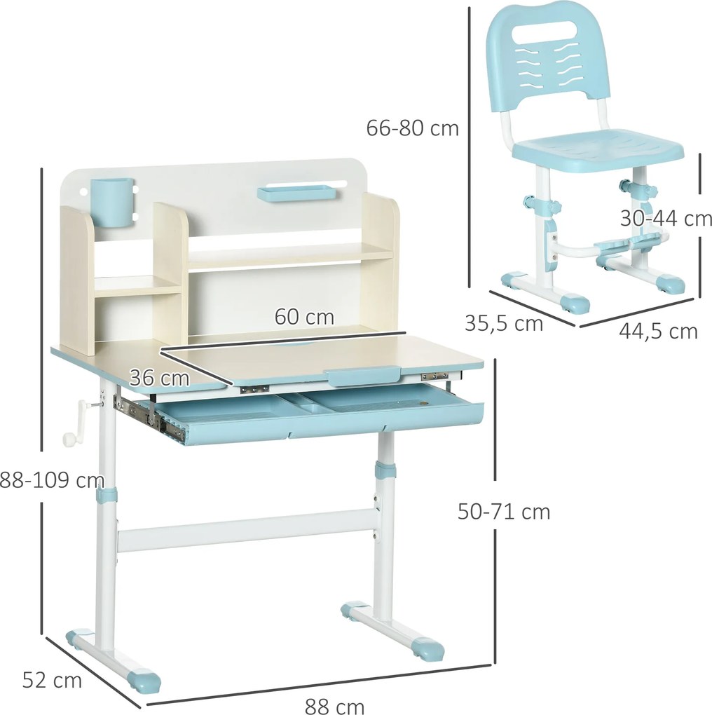HOMCOM Dětský stůl a židlička pro děti od 3 let s nastavitelnou výškou, sklápěcí deskou, zásuvkou a policí 80x52x88-109 cm a 35,5x44,5x66-80 cm Modrá
